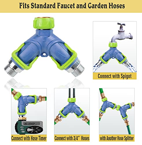 Garden Hose Splitter 2 Way, Heavy Duty Y Hose Splitter with Thumb Control Valves, 3/4" Metal Two Way Faucet Splitter Shut Off Valve Hose Connector Adapter with 2 Rubber Washers