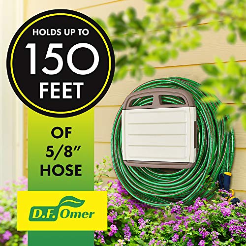 DF OMER Plastic Garden Water Hose Holder with Storage Compartment Fits 150 ft. Hose – 10x7x5 in. Weatherproof Wall Mount Hose Rack Hanger for Outside with 2 Shelves for Garden Equipment