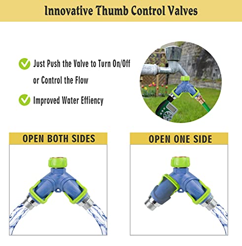 Garden Hose Splitter 2 Way, Heavy Duty Y Hose Splitter with Thumb Control Valves, 3/4" Metal Two Way Faucet Splitter Shut Off Valve Hose Connector Adapter with 2 Rubber Washers