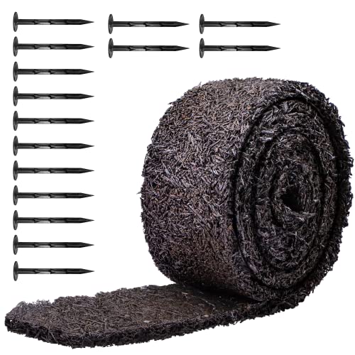 Black Rubber Mulch for Landscaping 120“ L x 4.5”W Recycled Garden Edging Border Mat Natural Looking Permanent Garden Mulch Barrier for Plants Vegetables & Flowers 15 Plastic Anchors Included