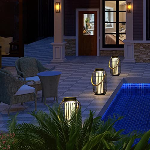 baterysu Large Outdoor Solar Lanterns Hanging Light Waterproof LED Garden Lights solar powered Retro Metal Auto On Off Table Lamp for Garden Patio Porch Lawn Pathway Walkway Tabletop Decorative(Black)