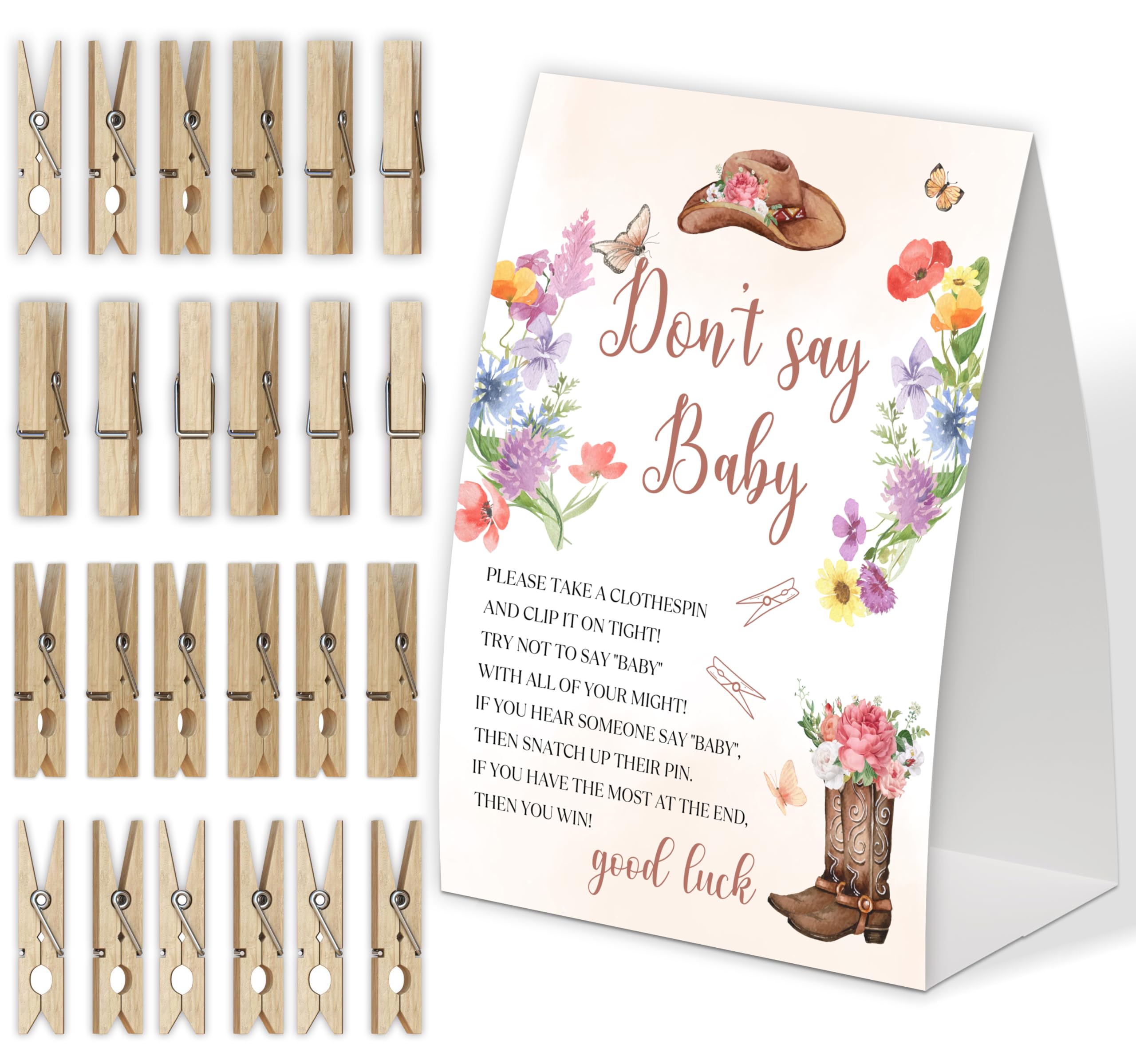Little Cowgirl Don't Say Baby Game for Baby Shower, Pack of One 5x7 Sign and 50 Mini Natural Clothespins, Western Boots Baby Shower Decoration, Gender Neutral Party Supplies - SC31