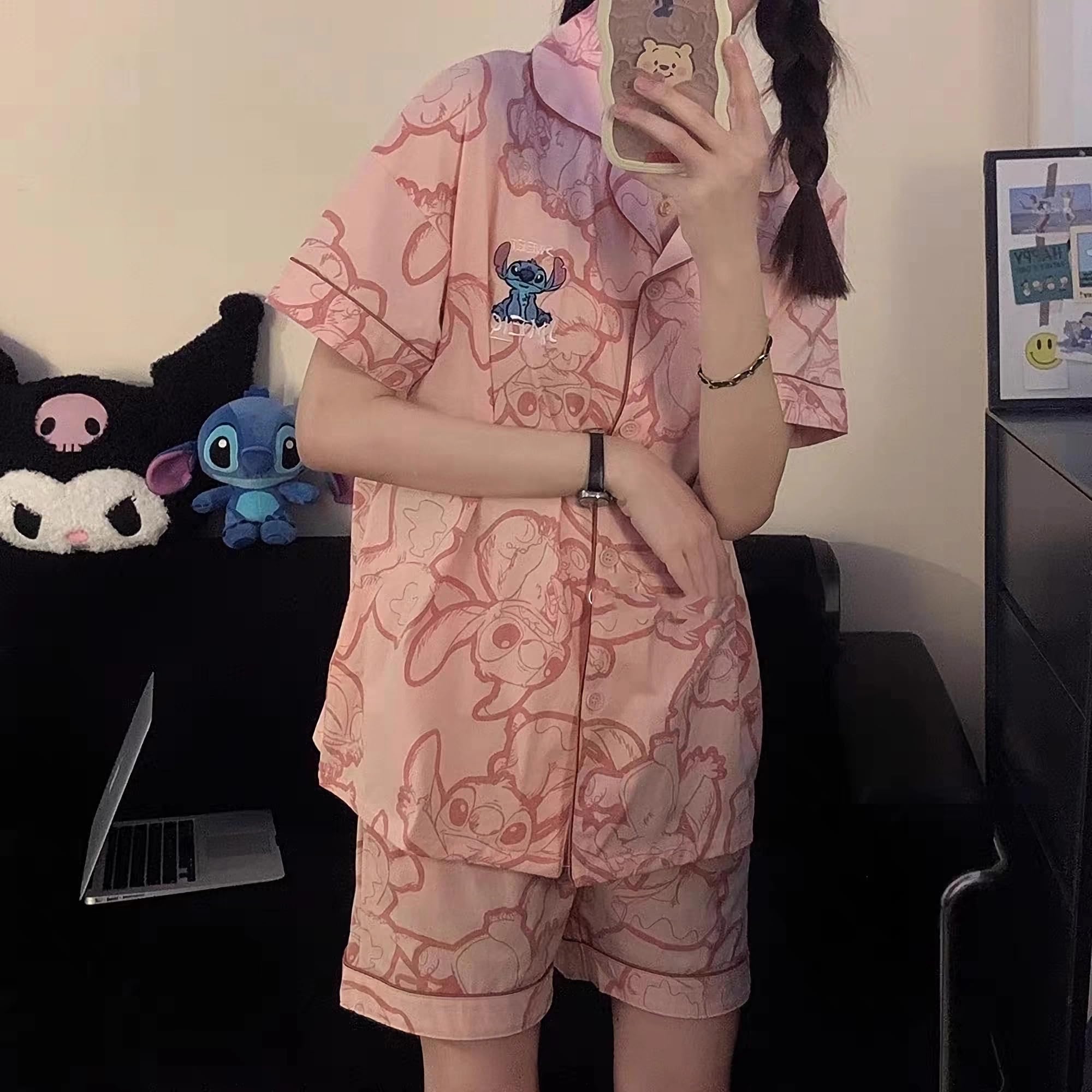 kwaya Women's Cotton Pajamas - 3Pcs Sets, Cute Cartoon Print Sleepwear - Soft Button Up Short Sleeve Shirt with Casual Long Pants & Short Lounge Sets Pink