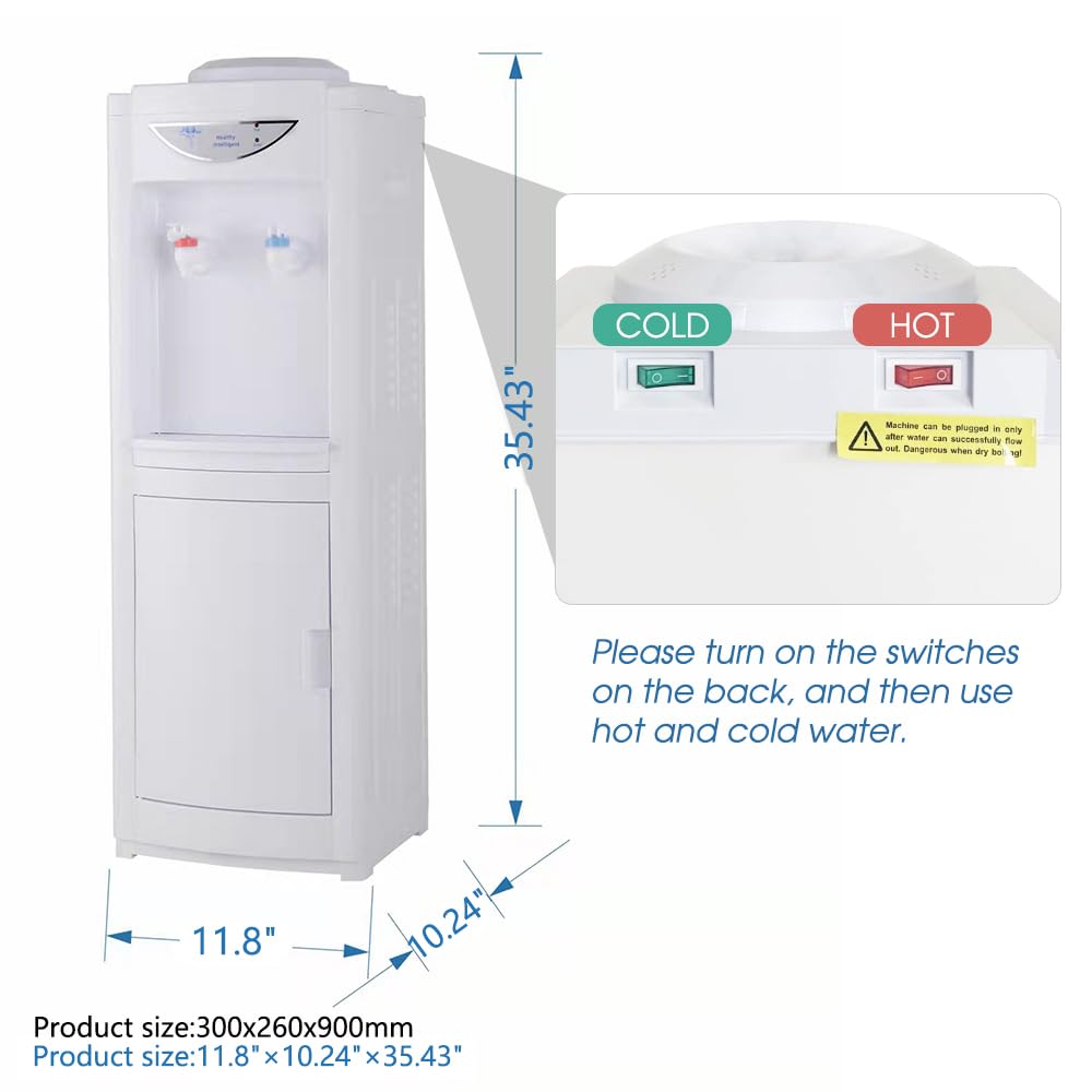Water Dispenser for 5 Gallon Bottle, Top Loading Water Cooler Hot and Cold Water Cooler Dispenser with Child Safety Removable Drip Tray & Storage Cabinet for Office Home School, White