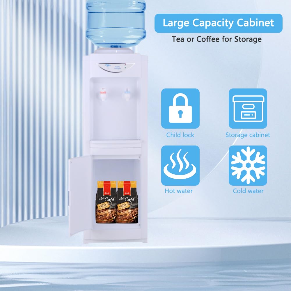 Water Dispenser for 5 Gallon Bottle, Top Loading Water Cooler Hot and Cold Water Cooler Dispenser with Child Safety Removable Drip Tray & Storage Cabinet for Office Home School, White