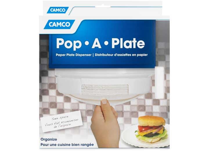 Camco 9-inch Pop-A-Plate Plastic Plate Dispenser | Ideal for Compact Spaces, RVs and Trailers | Mounts Under Cabinets or Shelves | White (57001)