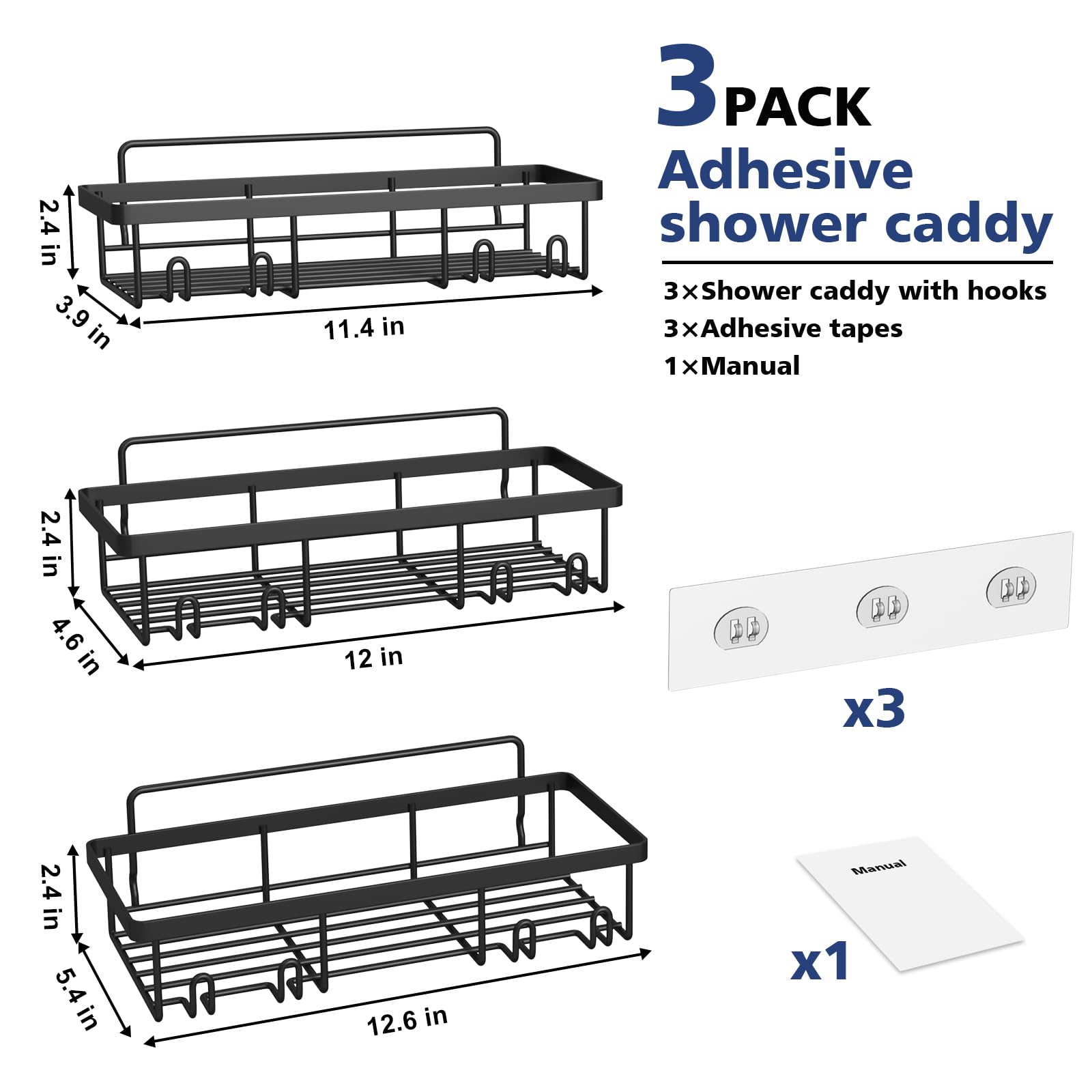Liuoud Shower Caddy 3 Pack, Shower Organizer Shelves Rack storage For Inside Shower Black Self Adhesive Rustproof stainless steel shower Shample holder For Bathroom Wall organizing
