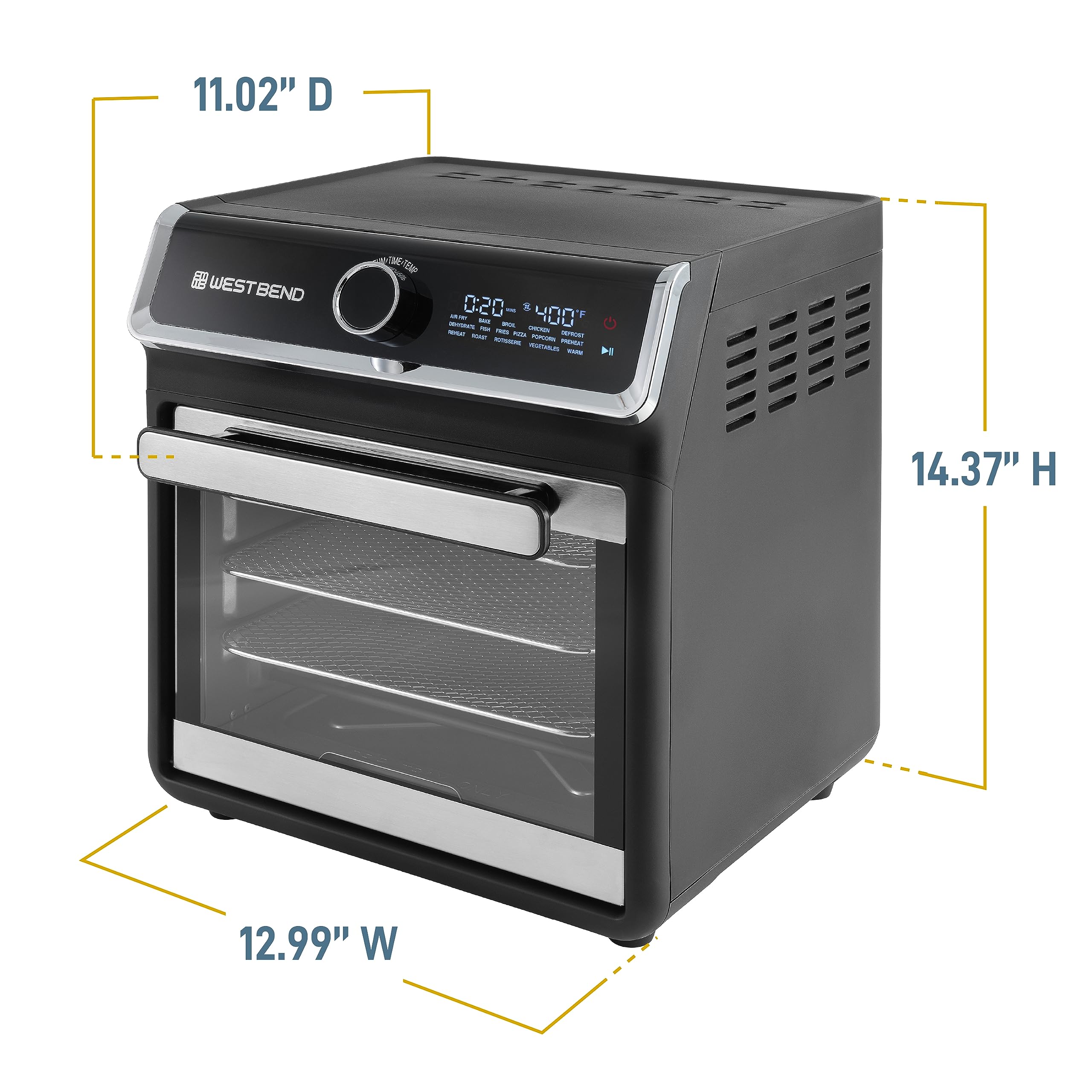 West Bend Air Fryer Oven 15-Quart with Digital Controls Easy-View Door and 16 Cooking Presets, Includes Eight Accessories, 1000-Watts, Black