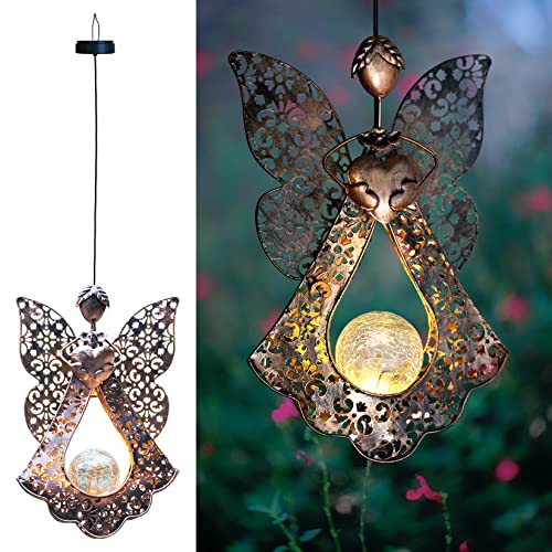 GOODME Hanging Solar Lights Outdoor Waterproof LED Solar Lantern Metal Angel Memorial Gift with Crackle Globe Glass Decoration for Porch,Patio,Yard,Garden