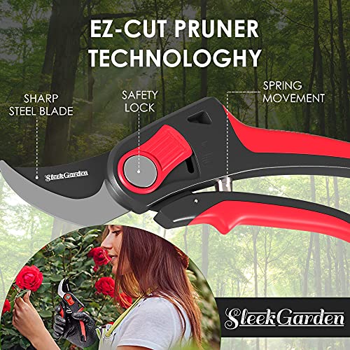 8-Piece Gardening Tool Set-Includes EZ-Cut Pruners, Lightweight Aluminum Hand Tools with Soft Rubber Handles- Trowel, Bamboo Gloves, Garden Tote, High Density Comfort Knee Pad Gardening Gifts Tool Set