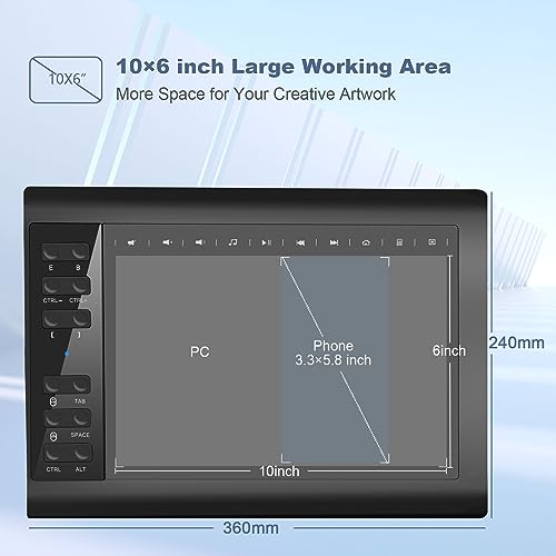 TeinenRon Graphics Drawing Tablet,10 x 6 Inch Drawing Tablet with 8192 Levels Pen and Bag,12 Hot Keys,Compatible with PC/Mac/Android for Painting,Design & Online Teaching
