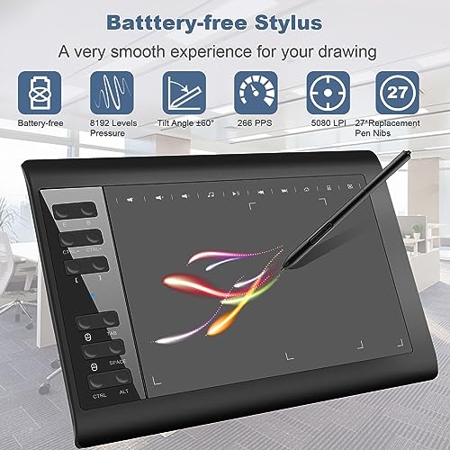TeinenRon Graphics Drawing Tablet,10 x 6 Inch Drawing Tablet with 8192 Levels Pen and Bag,12 Hot Keys,Compatible with PC/Mac/Android for Painting,Design & Online Teaching