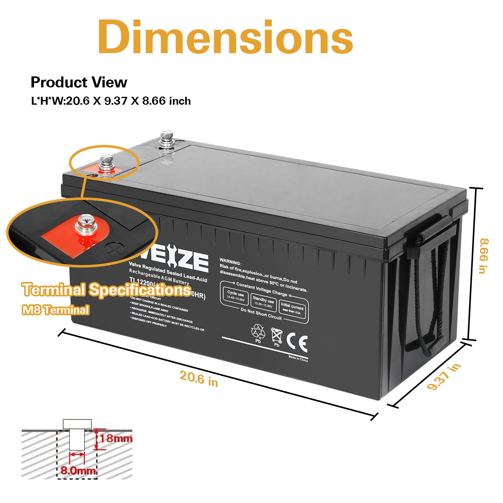 WEIZE AGM Group Size 4D Battery, 12 Volt 200Ah Deep Cycle Battery Perfect for RV, Caravan, Camping, Camper Trailers, Camper Vans, Motor-Homes, Marine, 4WDs & Off Grid Solar