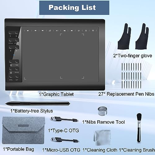 TeinenRon Graphics Drawing Tablet,10 x 6 Inch Drawing Tablet with 8192 Levels Pen and Bag,12 Hot Keys,Compatible with PC/Mac/Android for Painting,Design & Online Teaching