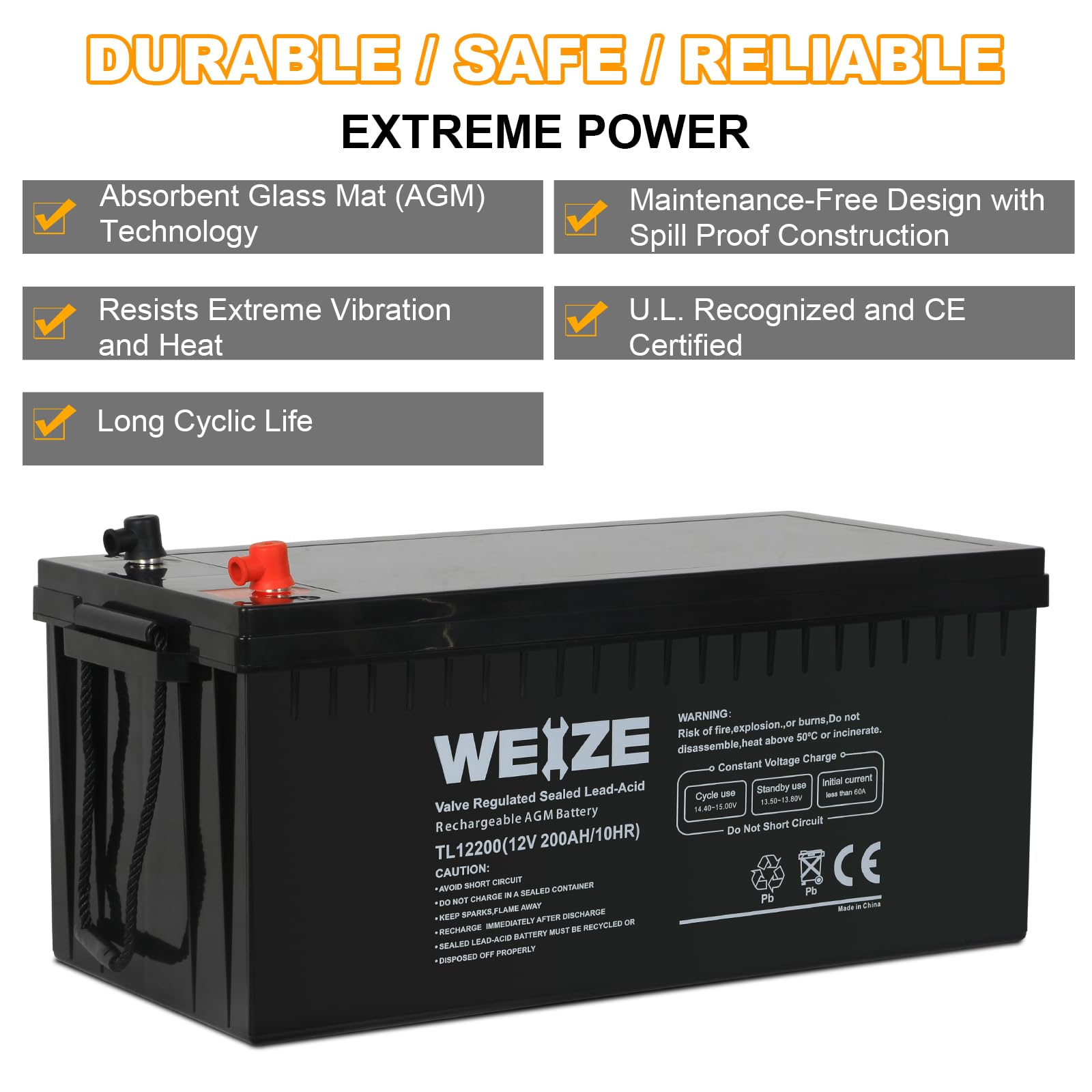 WEIZE AGM Group Size 4D Battery, 12 Volt 200Ah Deep Cycle Battery Perfect for RV, Caravan, Camping, Camper Trailers, Camper Vans, Motor-Homes, Marine, 4WDs & Off Grid Solar