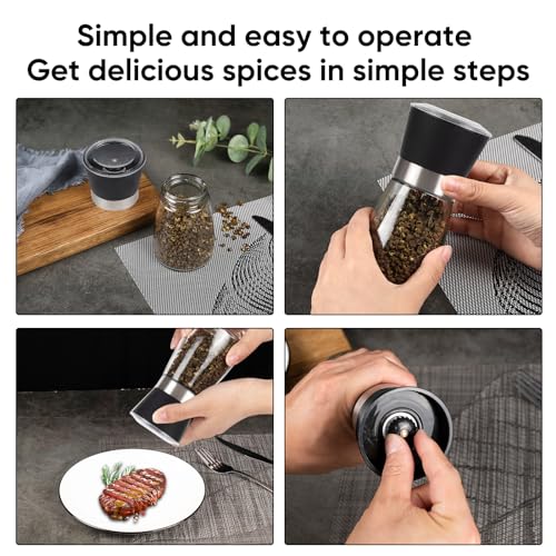 Pepper Grinder Pepper Mill, Salt Grinder Refillable,(Single Package) Adjustable Coarseness Black Pepper Grinder, Stainless Steel Sea Salt Shaker with Ceramic Rotor(black lid short)