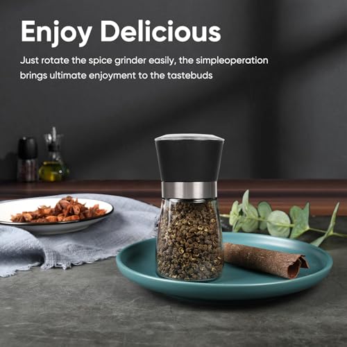 Pepper Grinder Pepper Mill, Salt Grinder Refillable,(Single Package) Adjustable Coarseness Black Pepper Grinder, Stainless Steel Sea Salt Shaker with Ceramic Rotor(black lid short)