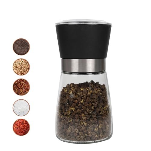 Pepper Grinder Pepper Mill, Salt Grinder Refillable,(Single Package) Adjustable Coarseness Black Pepper Grinder, Stainless Steel Sea Salt Shaker with Ceramic Rotor(black lid short)