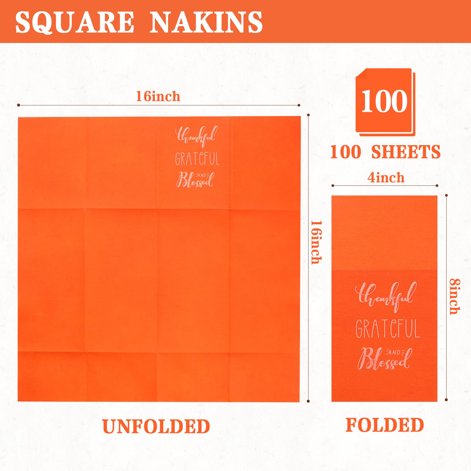 Tenceur 50 Pcs Thanksgiving Fall Guest Napkins Disposable Burnt Orange Paper Napkins Thankful Grateful Blessed Napkins with Flatware Pocket Prefolded Dinner Napkins for Silverware Fall Party