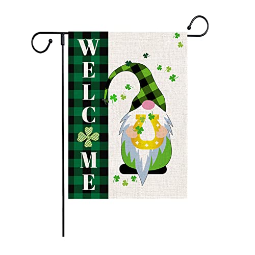 Welcome Gnomes Garden Flags, St Patrick's Day Buffalo Plaid Vertical Double Sized Burlap Flag for House Yard Outdoor Decor 12.5 x 18 Inch