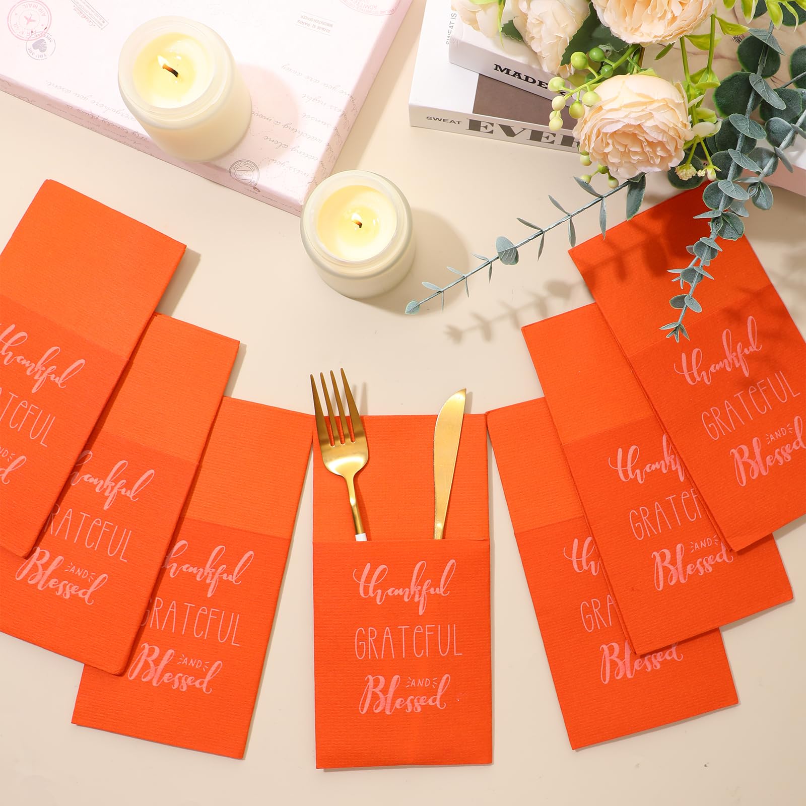 Tenceur 50 Pcs Thanksgiving Fall Guest Napkins Disposable Burnt Orange Paper Napkins Thankful Grateful Blessed Napkins with Flatware Pocket Prefolded Dinner Napkins for Silverware Fall Party