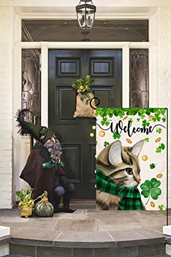 St. Patrick's Day Garden Flag 12x18 Vertical Double Sided Welcome Spring Cat Clover Farmhouse Holiday Outside Decorations Burlap Yard Flag BW242