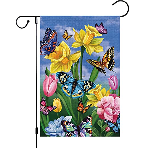 Louise Maelys Spring Garden Flag 12x18 Double Sided Vertical, Burlap Small Butterfly Floral Flower Welcome Garden Yard House Flags Outside Outdoor House Spring Summer Decoration (ONLY FLAG)