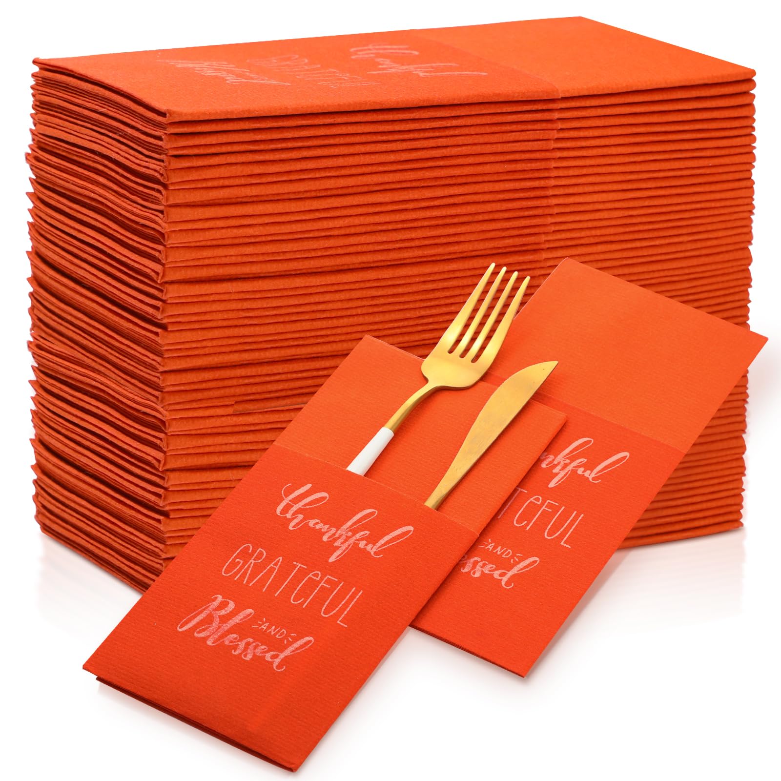 Tenceur 50 Pcs Thanksgiving Fall Guest Napkins Disposable Burnt Orange Paper Napkins Thankful Grateful Blessed Napkins with Flatware Pocket Prefolded Dinner Napkins for Silverware Fall Party