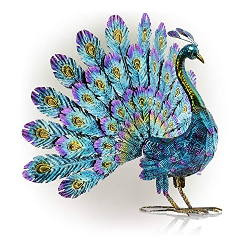 Alpine Corporation JUM232 Metal Peacock Outdoor Statue, 32" L x 12" W x 23" H, Multi-Color