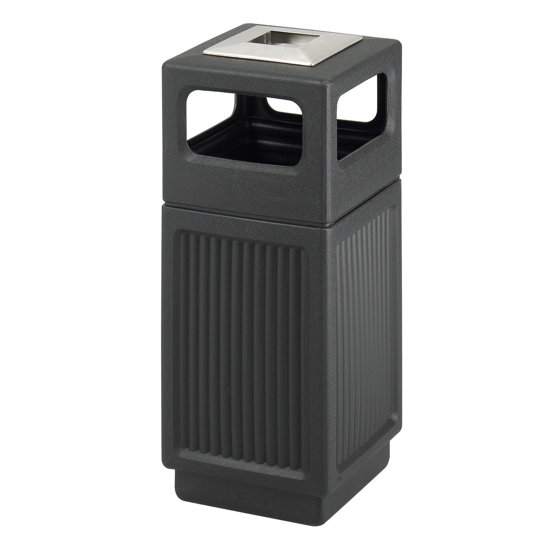 Safco Products Canmeleon Outdoor/Indoor Recessed Panel Trash Can with Ash Urn 9474BL, Black, Decorative Fluted Panels, Stainless Steel Ashtray, 15 Gallon Capacity