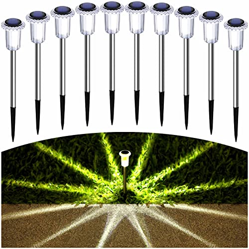 Gorrzai Solar Outdoor Lights 10 Pack Pathway Solar Lights LED Waterproof Stainless Steel Garden Stake for Pathway, Walkway, Sidewalk, Driveway, Lawn (Warm White)