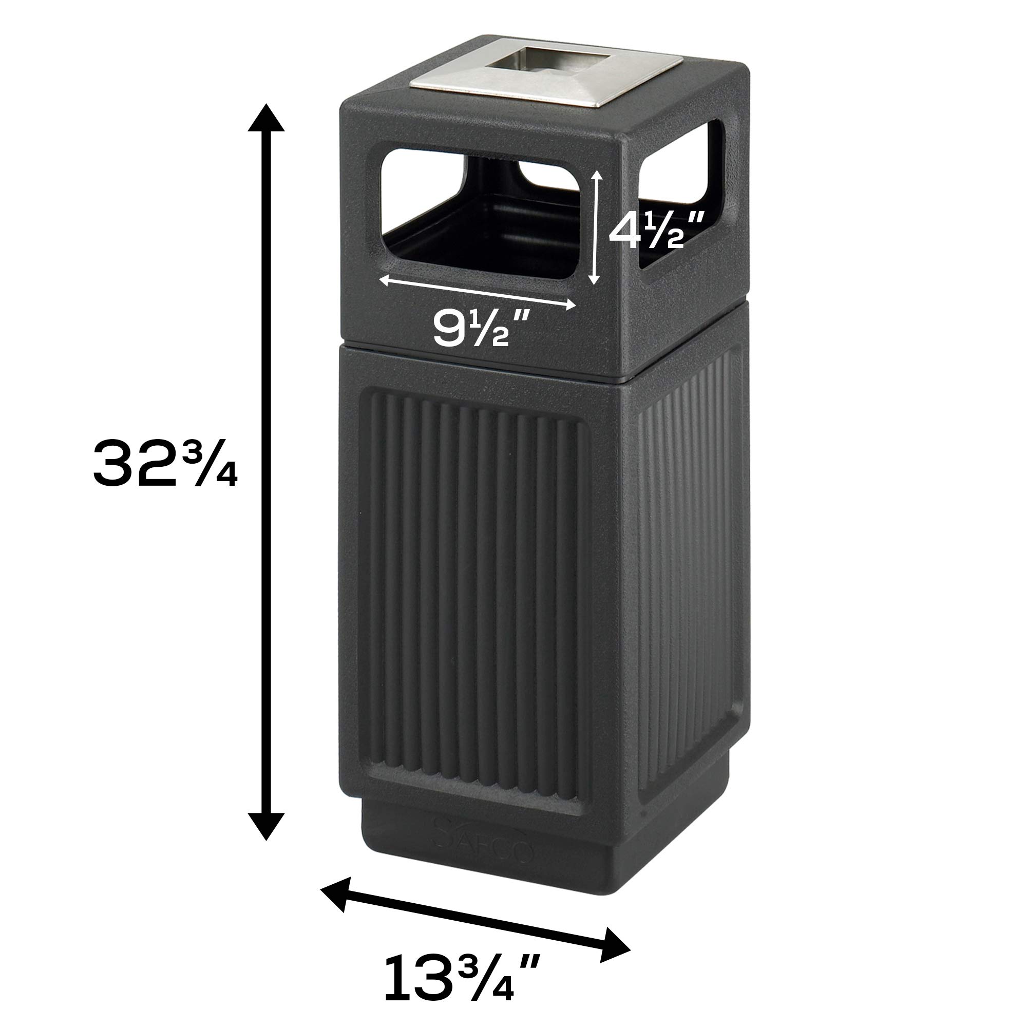 Safco Products Canmeleon Outdoor/Indoor Recessed Panel Trash Can with Ash Urn 9474BL, Black, Decorative Fluted Panels, Stainless Steel Ashtray, 15 Gallon Capacity
