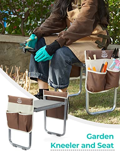 DEERFAMY Garden Stool, Garden Kneeler and Seat Load Capacity 350 Lbs, Folding Garden Chair for Kneeling and Sitting, Heavy Duty Kneeling Bench with Extra Kneeling Pad, 2 Tool Pouches, Digging Gloves