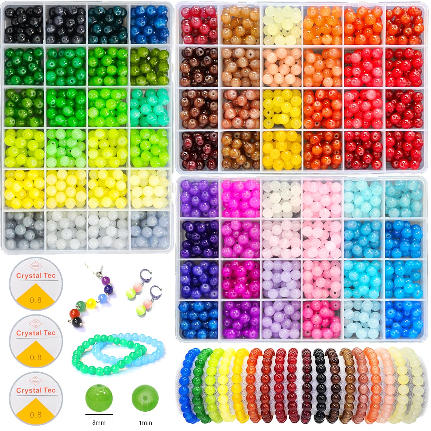 Gaspletu 1800PCS 8mm Glass Beads Bracelet Making Kit, 72 Colors Crystal Beads for Jewelry Making, 3 Box Round Beads Suitable for Beginners