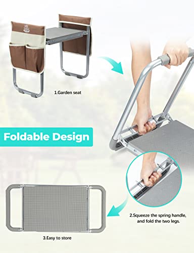 DEERFAMY Garden Stool, Garden Kneeler and Seat Load Capacity 350 Lbs, Folding Garden Chair for Kneeling and Sitting, Heavy Duty Kneeling Bench with Extra Kneeling Pad, 2 Tool Pouches, Digging Gloves