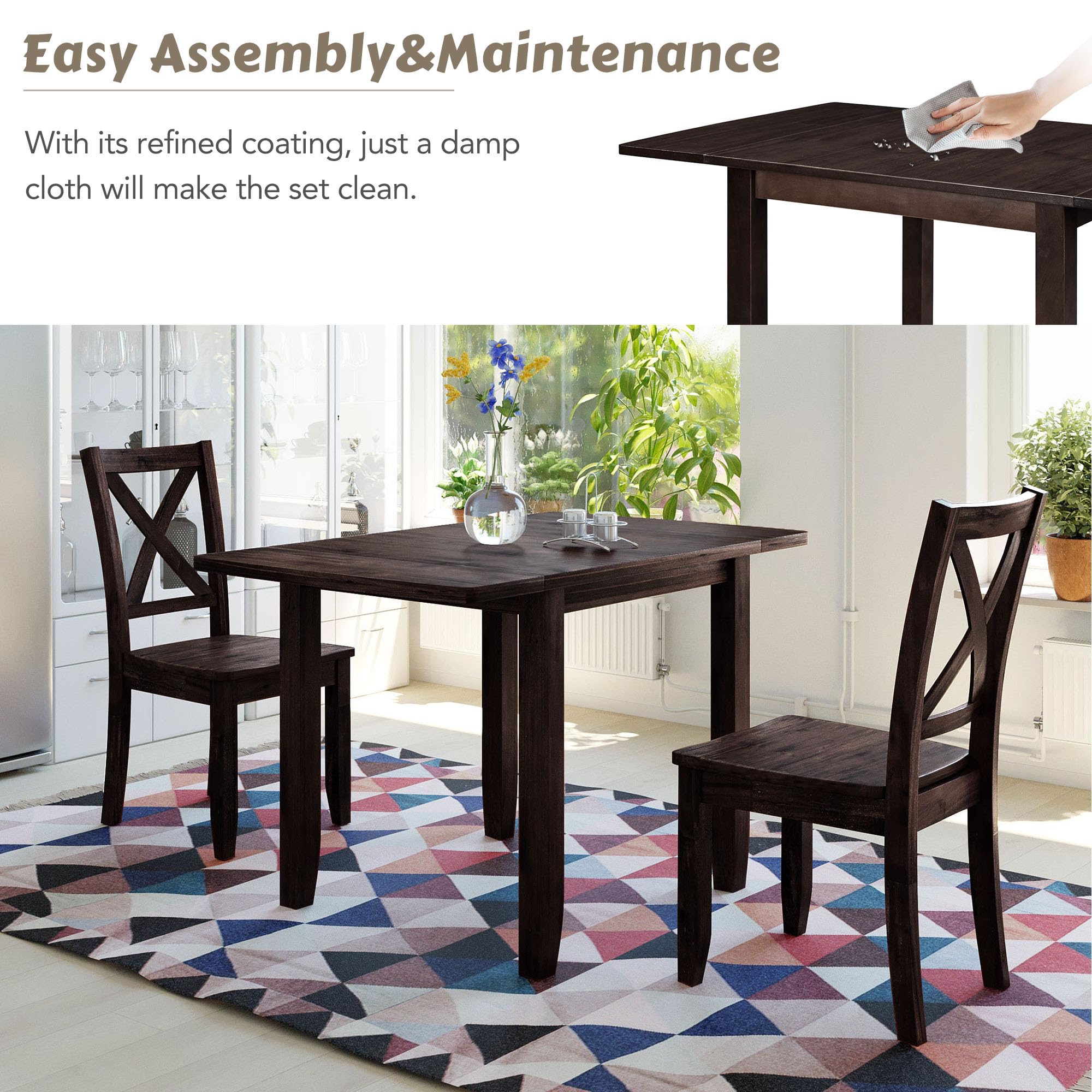 Merax Dining Table Set for 2, Extendable Design with Wood Drop Leaf Top and Wooden Chairs, 3 Piece, Espresso