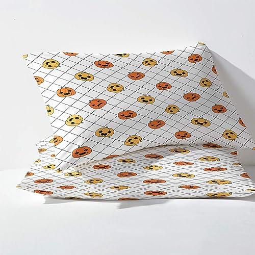 Halloween Sheets Full Size, Pumpkin Geometric Bed Sheets, Patterned Bedding Sheets & Pillowcases 4 Piece Set - Soft Microfiber Deep Pocket Fitted Sheet & Flat Sheet & 2 Pillow Cases M5-&-97