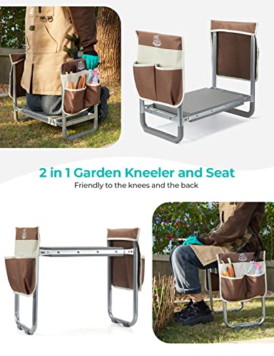 DEERFAMY Garden Stool, Garden Kneeler and Seat Load Capacity 350 Lbs, Folding Garden Chair for Kneeling and Sitting, Heavy Duty Kneeling Bench with Extra Kneeling Pad, 2 Tool Pouches, Digging Gloves