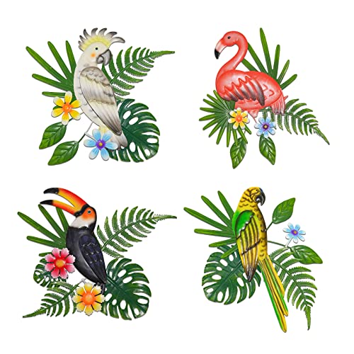 huangpai 4 Pack Flamingo Wall Decor Metal Parrot Art Bird Indoor Outdoor Waterproof Garden Decoration Covered Areas For Home Patio Yard