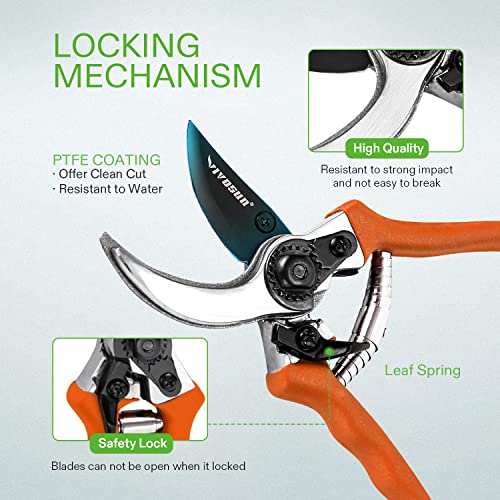 VIVOSUN 8β Premium Bypass Pruning Shears, Strong Garden Clippers, Durable Hand Pruner, Tree Trimmers for Bushes, Stems, and Flowers, Orange