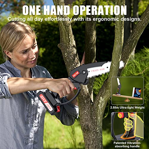 Upgraded 6 inch Mini Cordless Chainsaw, Zocabay 20,000mAh Rechargeable Battery Chainsaw, Portable Handheld Chainsaw, Electric Chainsaw for Tree, Courtyard and Garden(2 Batteries, 2 Chains Included)