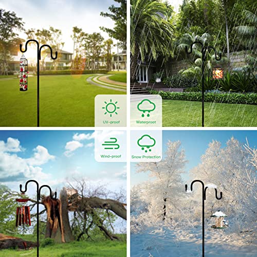 STARFAMI Double Shepherds Hook for Outdoor with 5 Prongs Base, Upgraded Adjustable Garden Hanging Stand Plant Holders for Bird Feeder, Plant Baskets, Solar Light Lanterns, Wedding (60 Inch 2pcs)