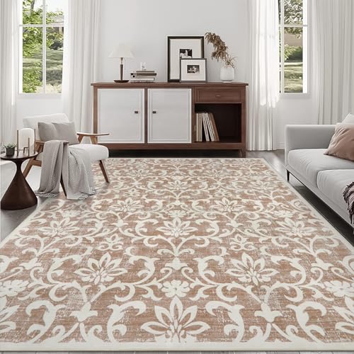 Lukinbox Vintage Washable Area Rugs for Living Room, 8x10 Low Pile Indoor Floral Rug for Bedroom, Large Soft Foldale Distressed Accent Rugs Non Shedding Outdoor Carpets for Dinning Room, Khaki