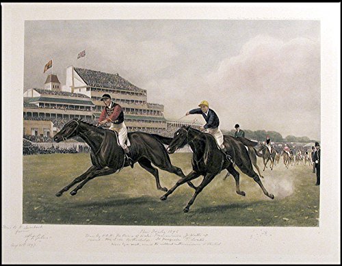 "The Derby 1896. won by H.R.H. The Prince of Wales' Persimmon. J. Watts. up. Second. Mr L. de Rothschild's St. Frusquin T. Loates. Won by a neck, amid the wildest enthusiasm. 11 started"