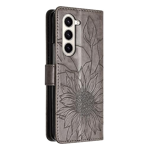 SATURCASE Case for Samsung Galaxy Z Fold 5, Sunflower Embossing PU Leather Flip Magnet Wallet Card Slots Protective Cover for Samsung Galaxy Z Fold 5 (HE-Gray)