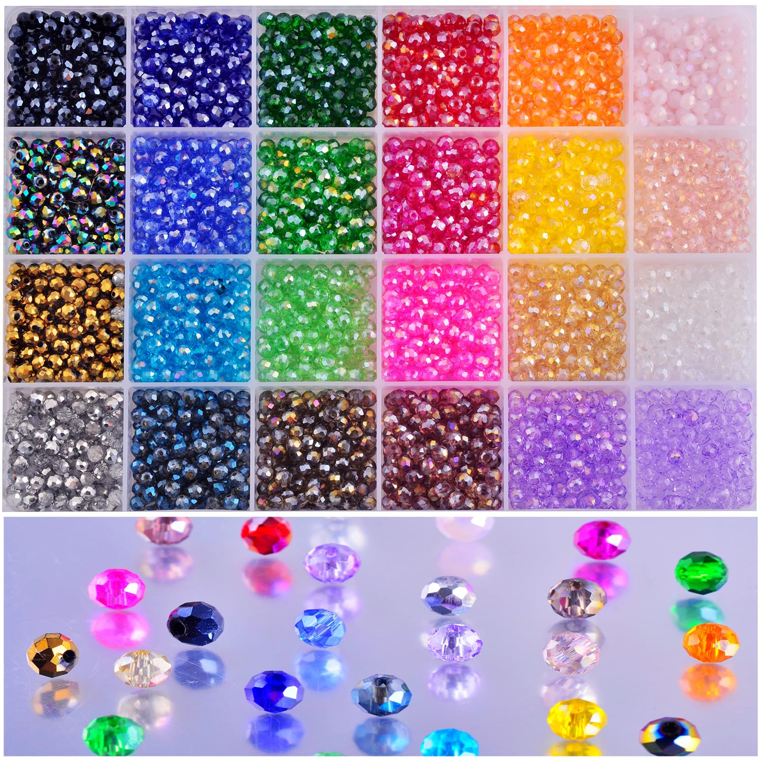 Eswala 4mm Beads Crystal Beads Kit 24colors 2880pcs Glass Beads Small Briolette Faceted AB Color Spacer Beads for Bracelet Jewelry Making and DIY Crafts Decorative (4mm, Multicolor)