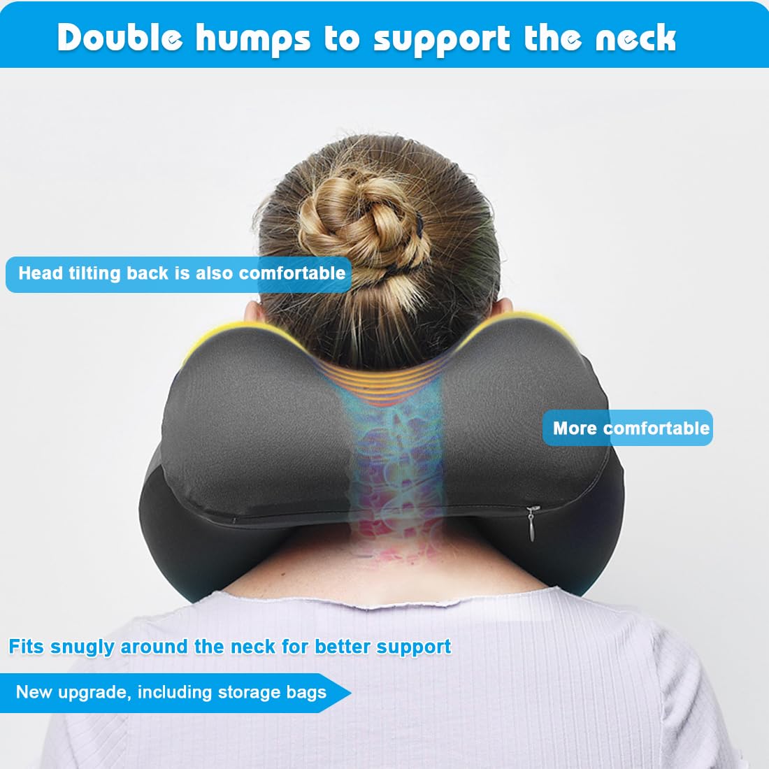 2 Pack Inflatable Travel Neck Pillow with Compact Bag and Washable Cover for Sleeping Airplane Soft Velvet Pillow for Long Flight Neck Cushion for Head Support Car Home Office