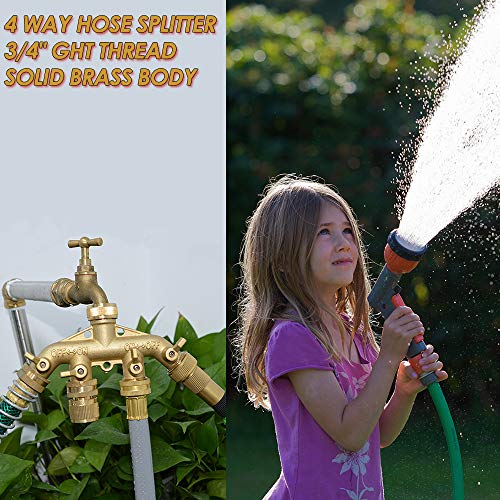 HQMPC 4 Way Hose Splitter 3/4" GHT Garden Hose Splitter 4 Way Solid Brass Hose Connector Heavy Duty Hose Spigot Adapter With 4 Valves 8 Gaskets +2 Seal Tapes