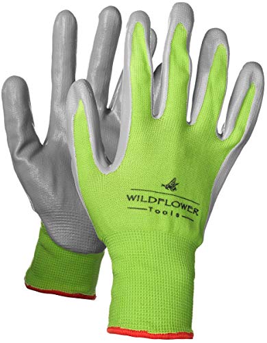 WILDFLOWER Tools Gardening Gloves for Women and Men - Nitrile Coating for Protection (Medium, Purple Pair/Green Pair with White Cuff Hem)