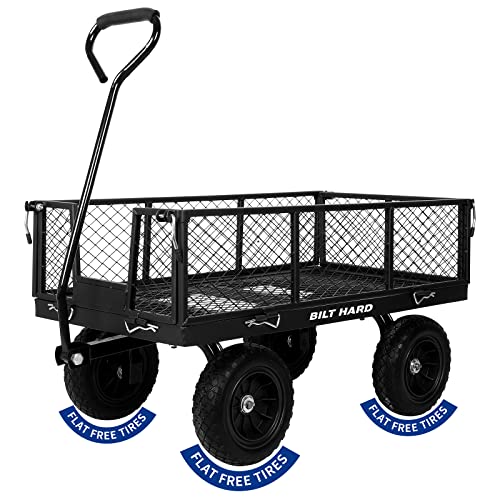 BILT HARD 880 lbs 10" Flat Free Tires Steel Garden Cart with 180° Rotating Handle and Removable Sides, 4 Cu.Ft Capacity Heavy Duty Garden Carts and Wagons